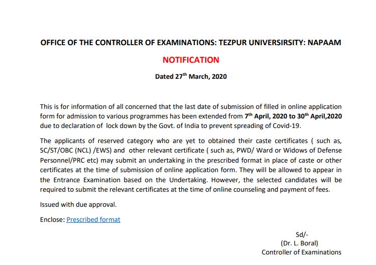 Tezpur University extend TUEE 2020 application form last date to April 30