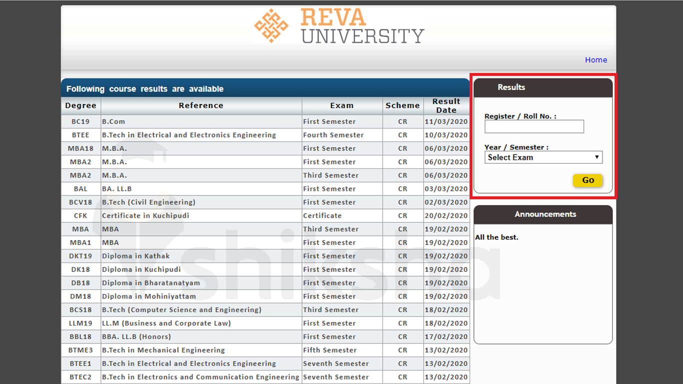 Reva University Results 2020: Application, Semester & Revaluation Results
