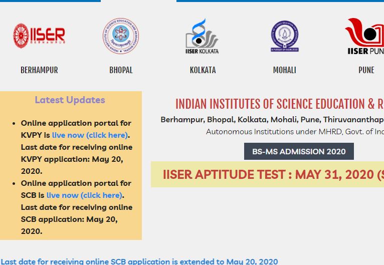 IISER Entrance Exam 2020 Application Window further extended to May 20