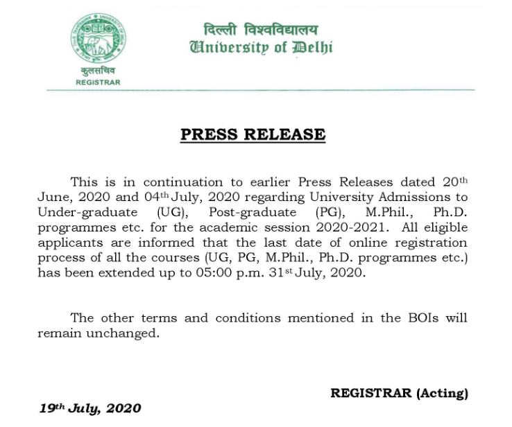 DU admissions 2020: Application process for UG/ PG admission extended
