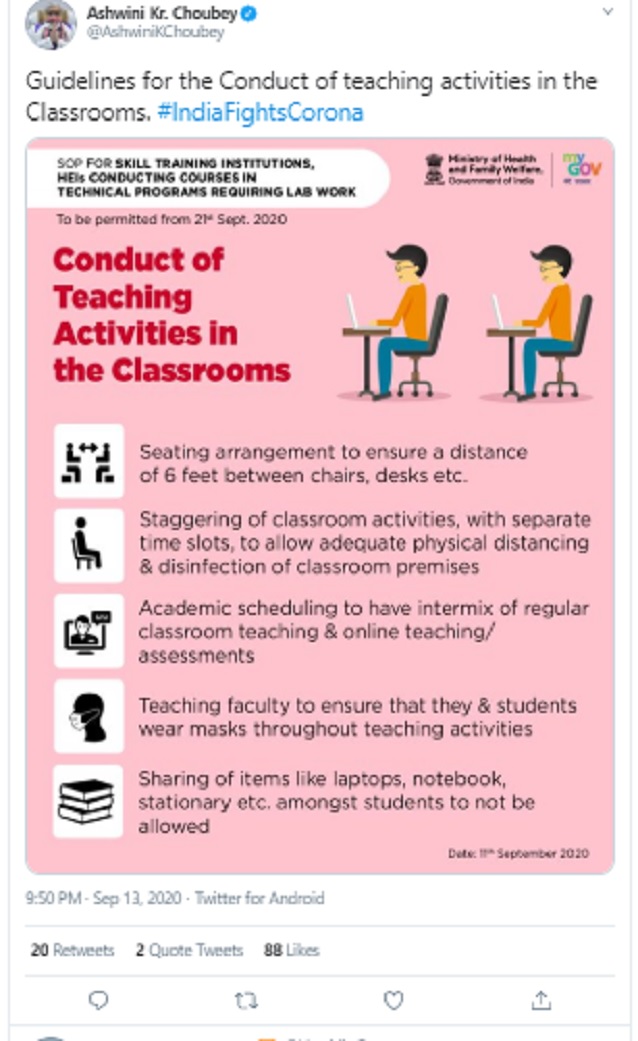 Health Ministry shares guidelines for teaching activities in classrooms ...