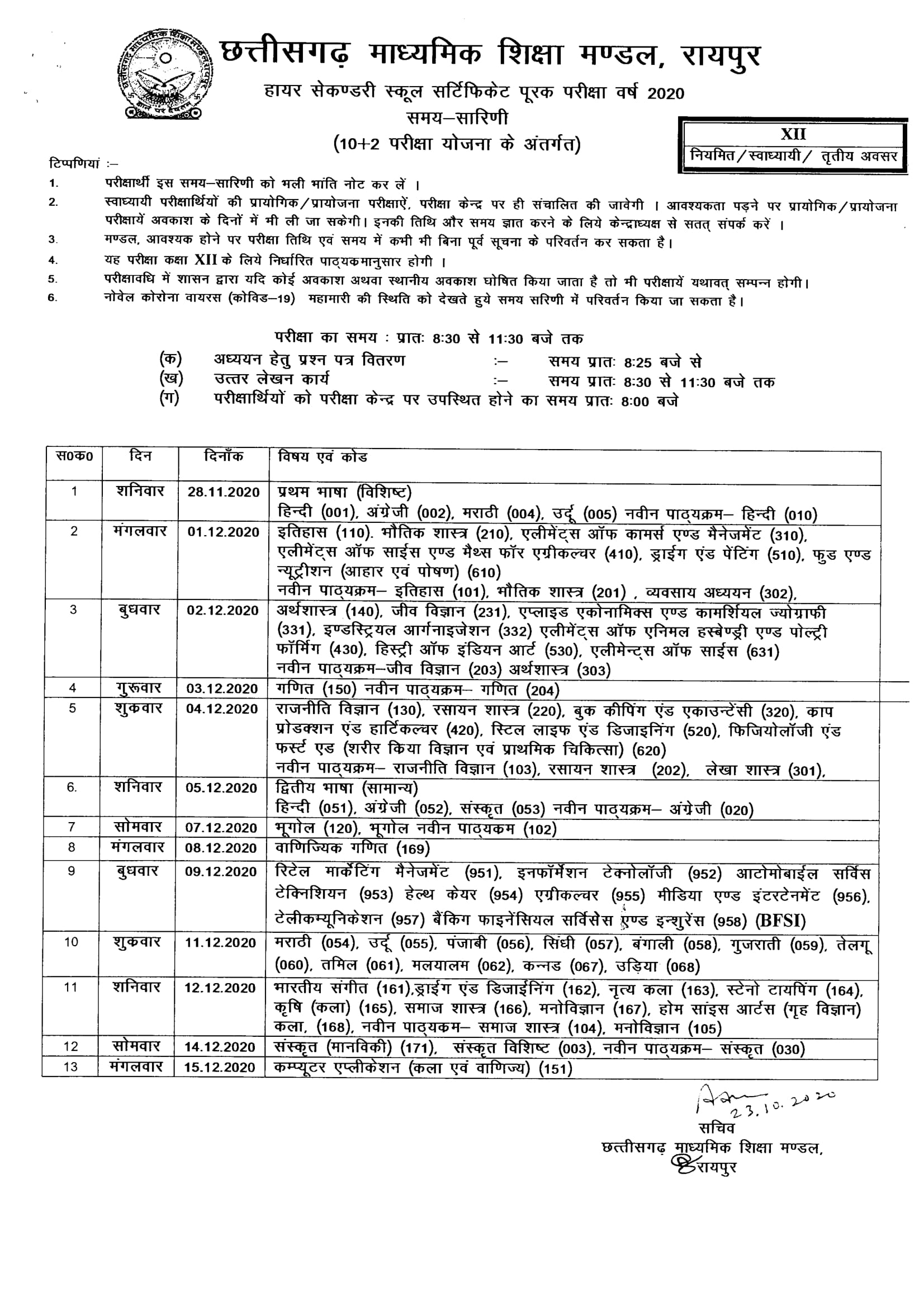 CGBSE 10th,12th Supplementary Time Table 2020 Released @cgbse.nic.in ...