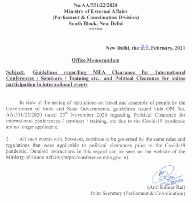 Institutions no longer require Ministry of External Affairs clearance for online conferences