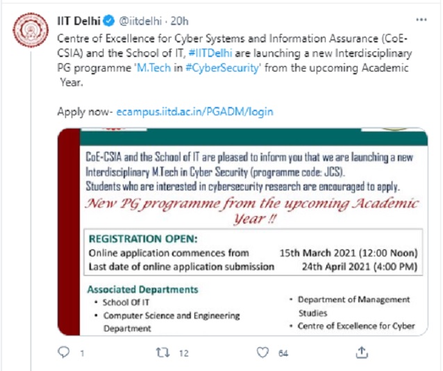 IIT Delhi invites applications for MTech in Cybersecurity programme ...