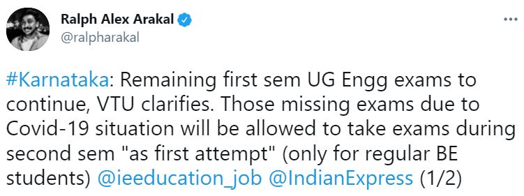 Vtu 1st Semester Engineering Exams To Continue Even Sem Classes To Begin From May 19