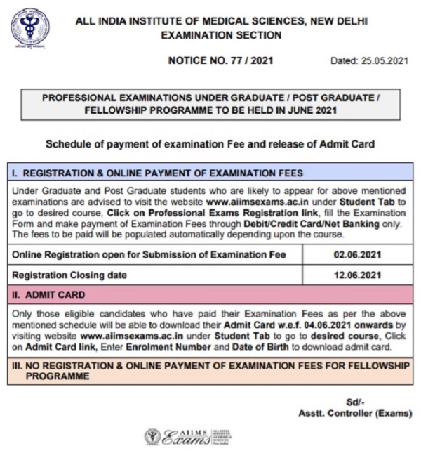 AIIMS issues notification on exam fee, admit card for UG, PG ...