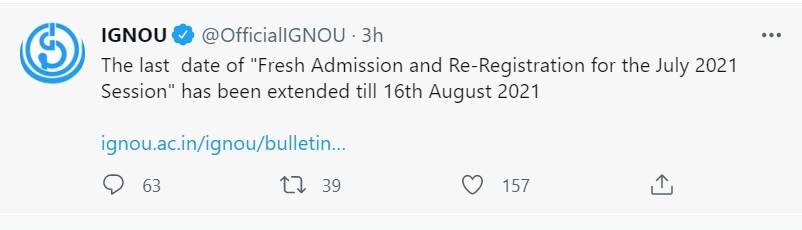 IGNOU July 2021 Admissions: Deadline for admission, re-registration ...