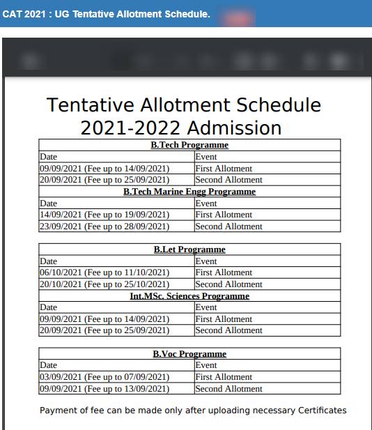 CUSAT 2021 allotment schedule published; check dates, list of documents ...