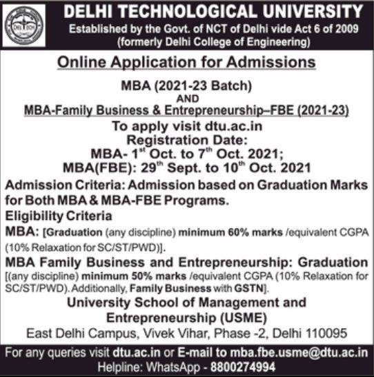 DTU Admissions 2021 begin for MBA and MBA in Family Business ...