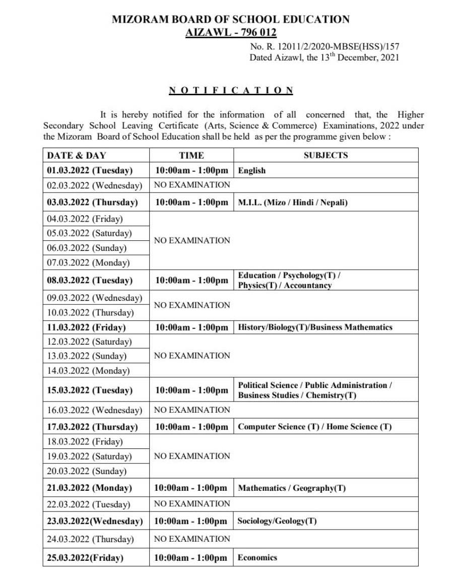 MBSE HSSLC Time Table 2022 (Released): Check Detailed MBSE Class 12 Routine Here