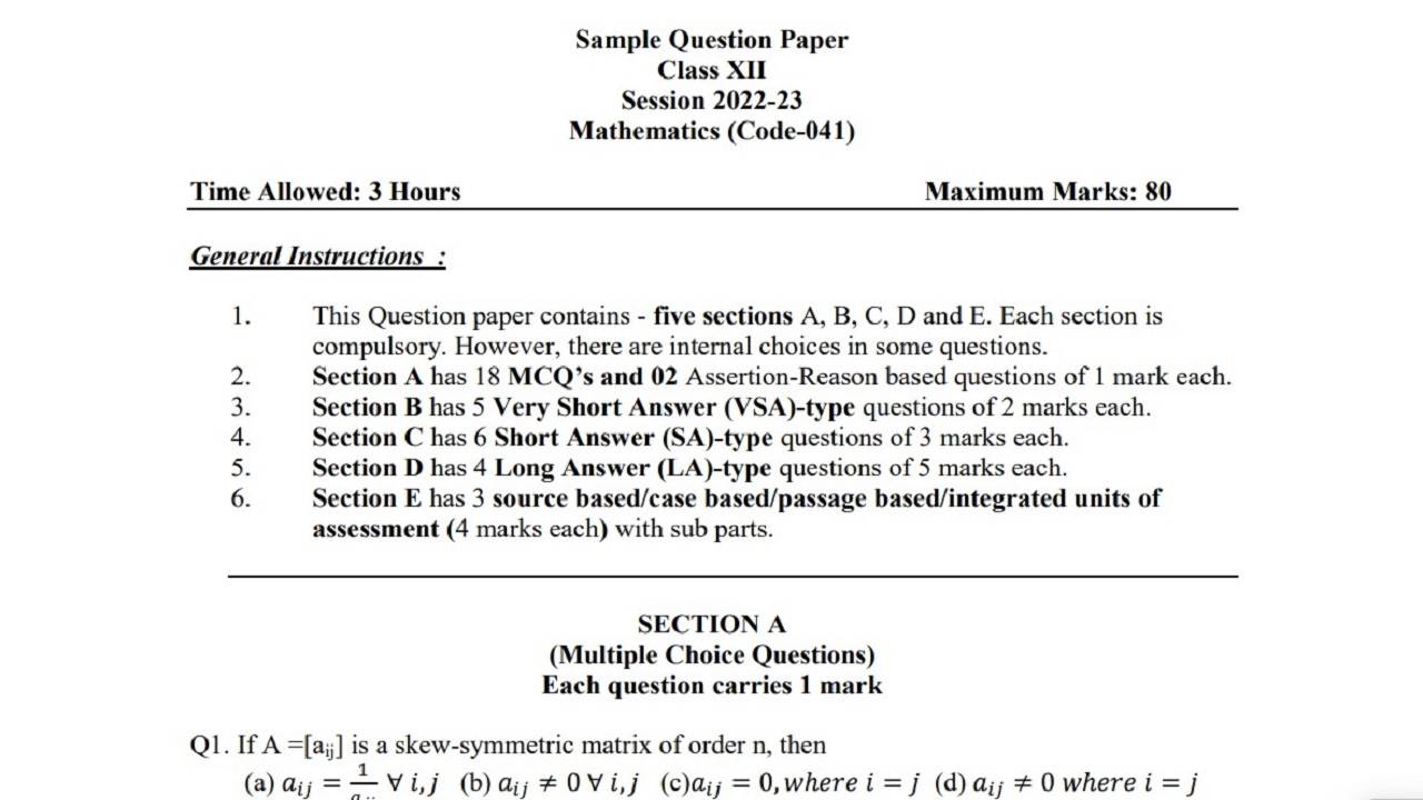 CBSE Class 12 Maths Sample Paper 2023-24 PDF Download