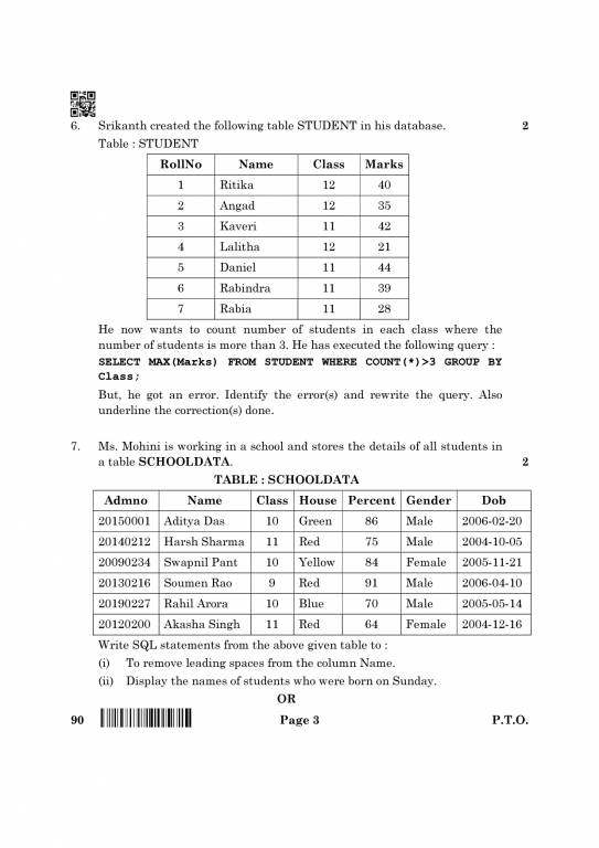 CBSE Class 12 Informatics Practices Question Paper 2023, 2022, 2019 PDF Download