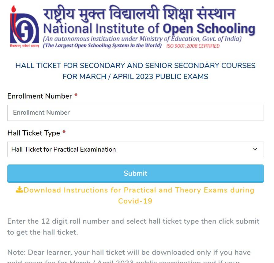NIOS Hall Ticket 2023 for Class 10, 12 for practical exams out; Get direct link to download here