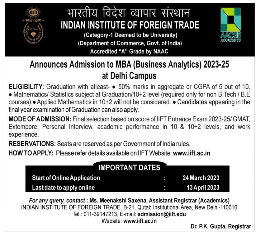 IIFT admissions 2023 begin for MBA in Business Analytics; Apply by April 13