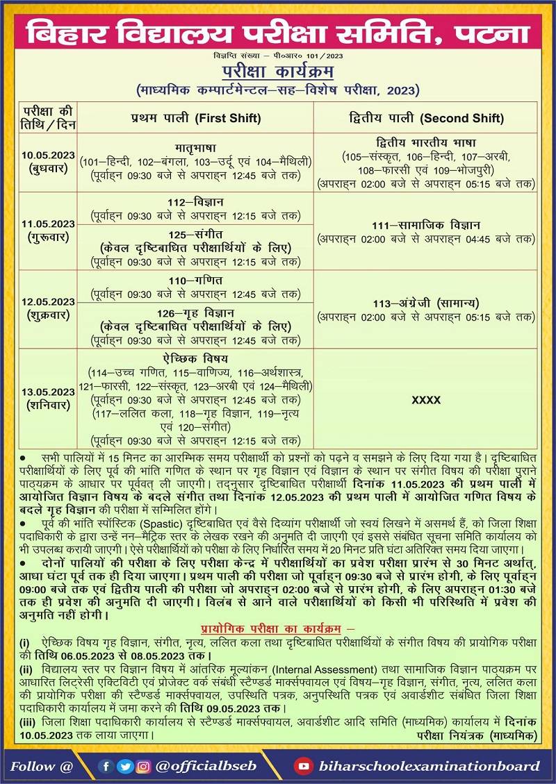 Bihar Board 10th Time Table 2023 (Out): Check BSEB 10th Time Table Here!