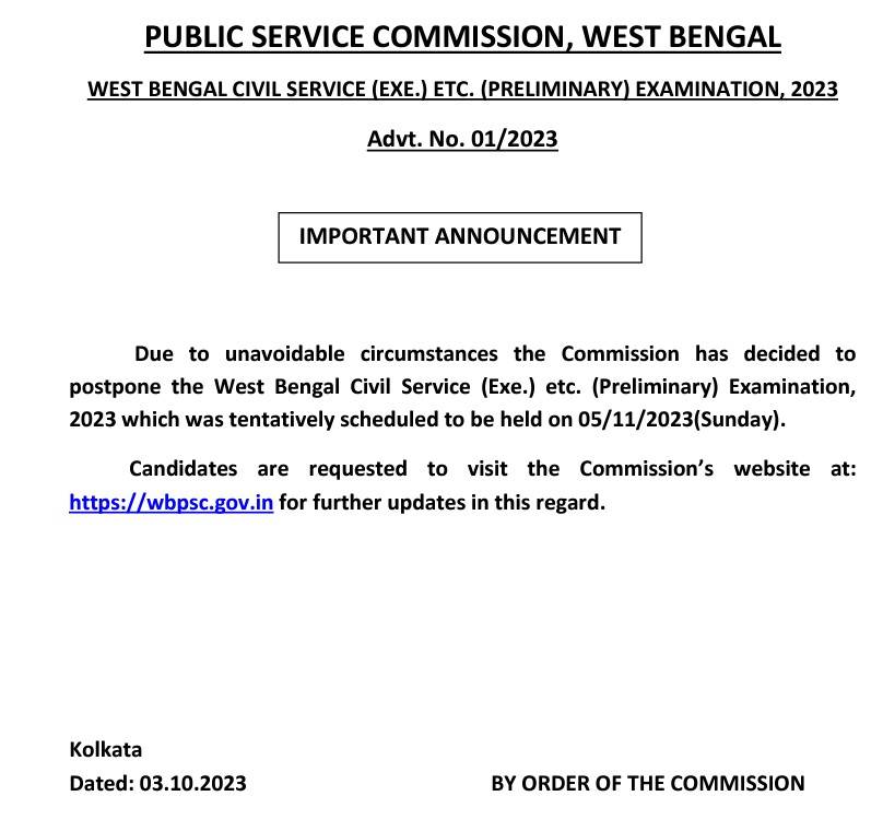 WBCS Prelims 2023 postponed again; Check official notice here