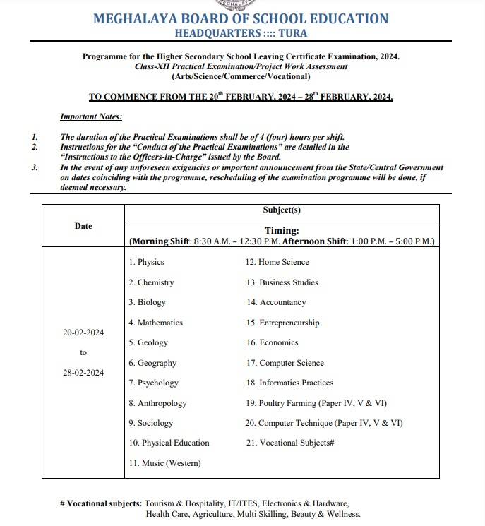 MBOSE HSSLC Routine 2025; Check MBOSE HSSLC Date Sheet Here!