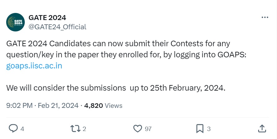 GATE 2024 Answer Key Objection Window Link Activated; Raise Objections ...