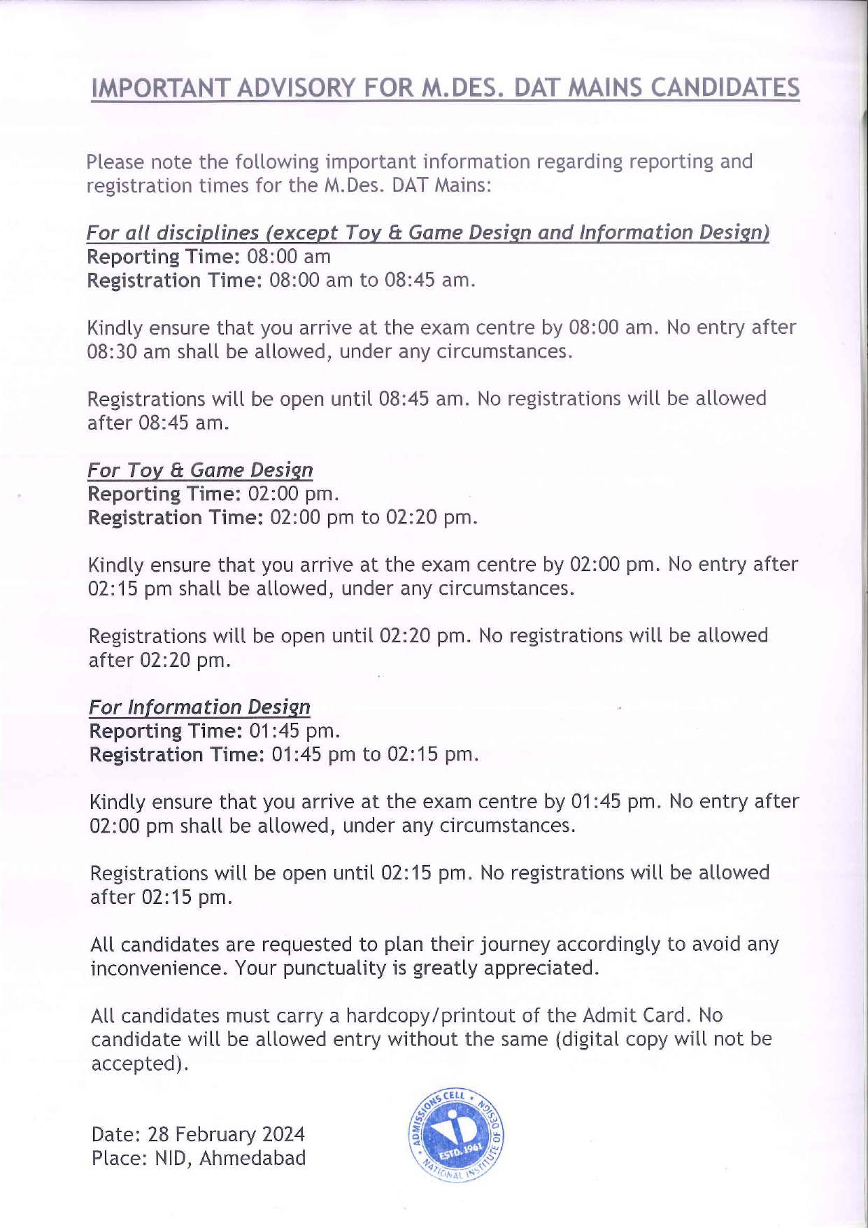 M.Des DAT Mains 2024 Exam Live Updates - Reporting & Registration Time ...