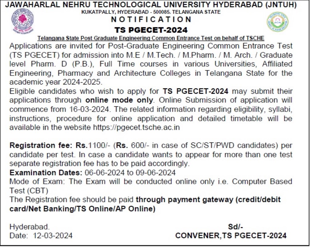 TS PGECET 2024 Newspaper Notification Out; Application process begins soon
