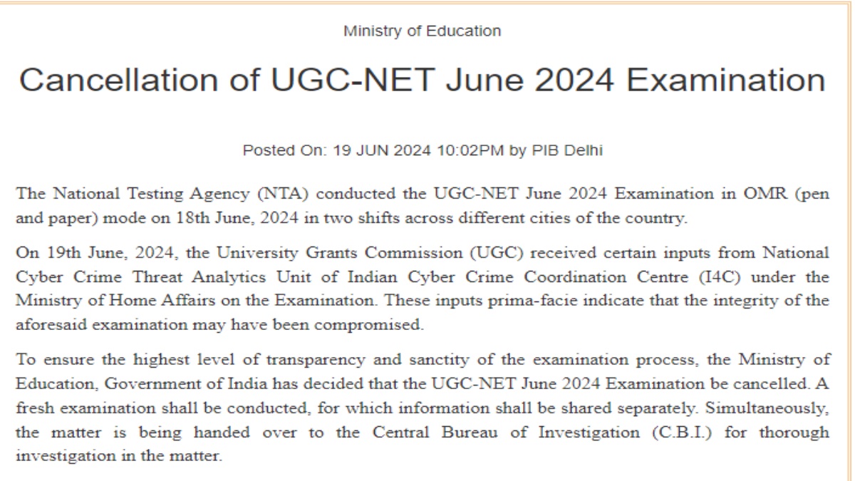 UGC NET 2024 June Exam Cancelled; Check Details Here