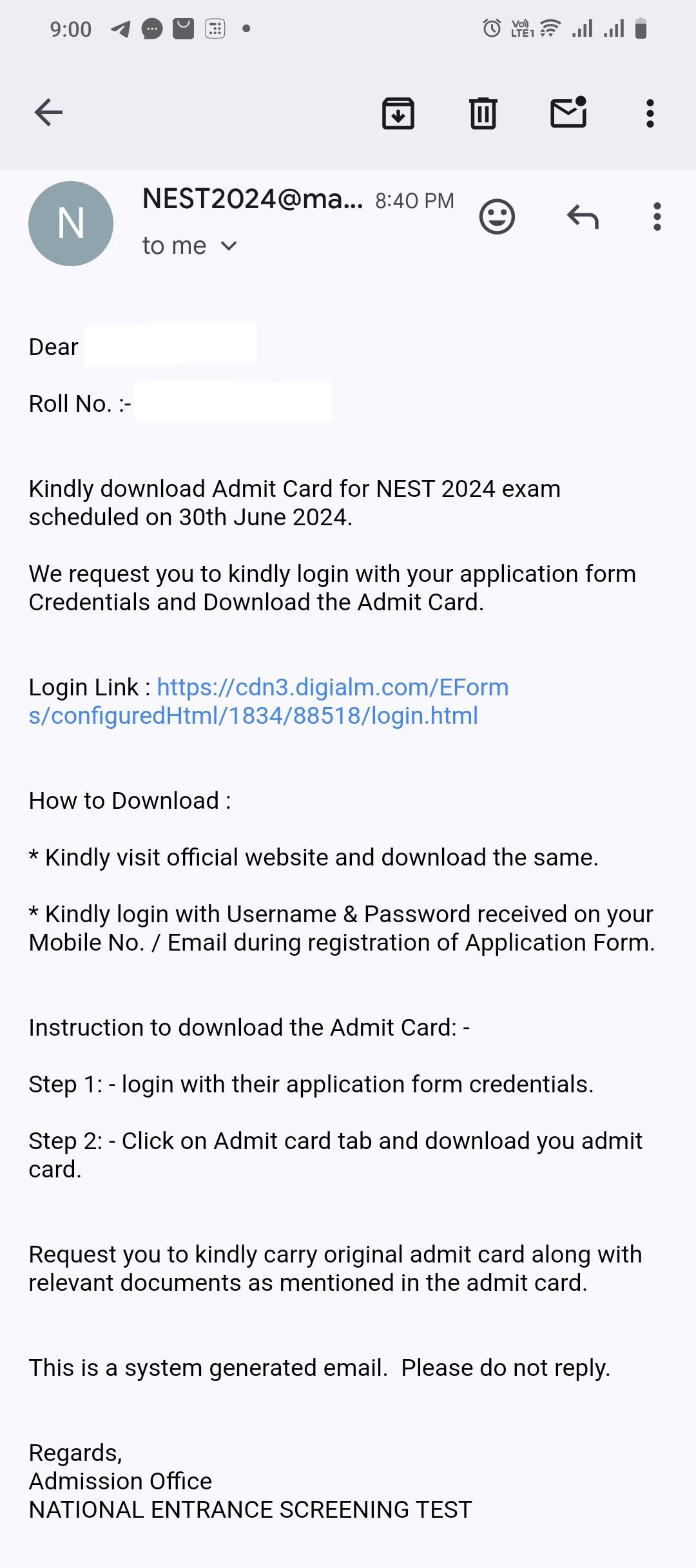 NEST Admit Card 2024 Live (Released); Hall Ticket Download link, Shift Timings Here