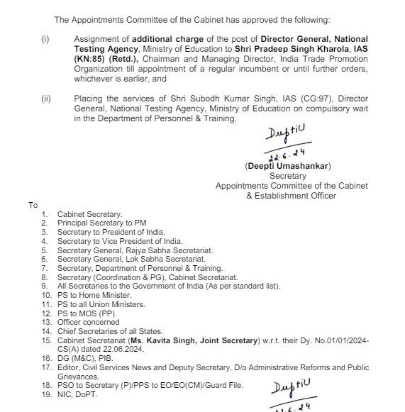 NTA DG Subodh Kumar Singh Sent on Leave Over UGC NET, NEET UG 2024 ...