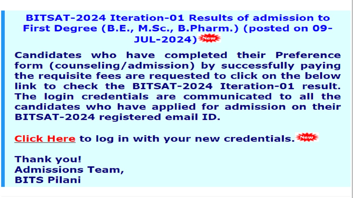 BITSAT Iteration 1 Result 2024 Out at bitsadmission.com; Check ...