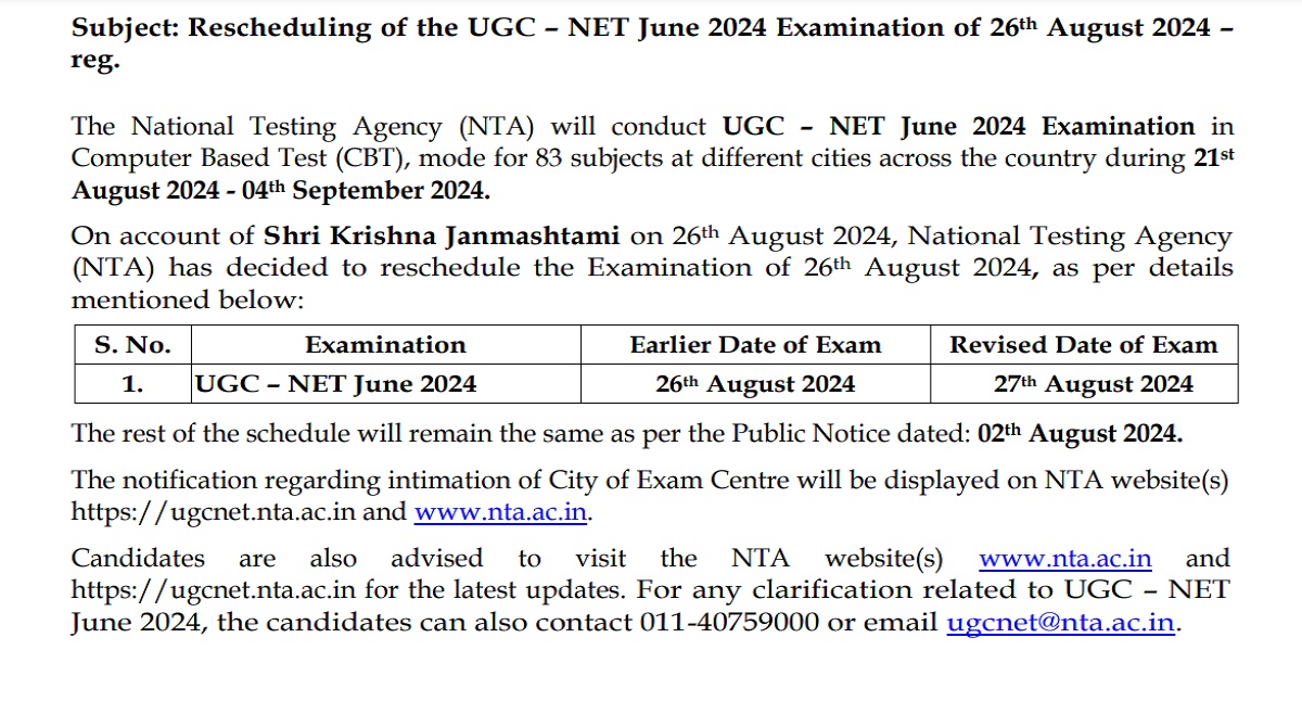 UGC NET 2024 Exam on August 26 Deferred Due To Janmashtami; Check Revised Date Here