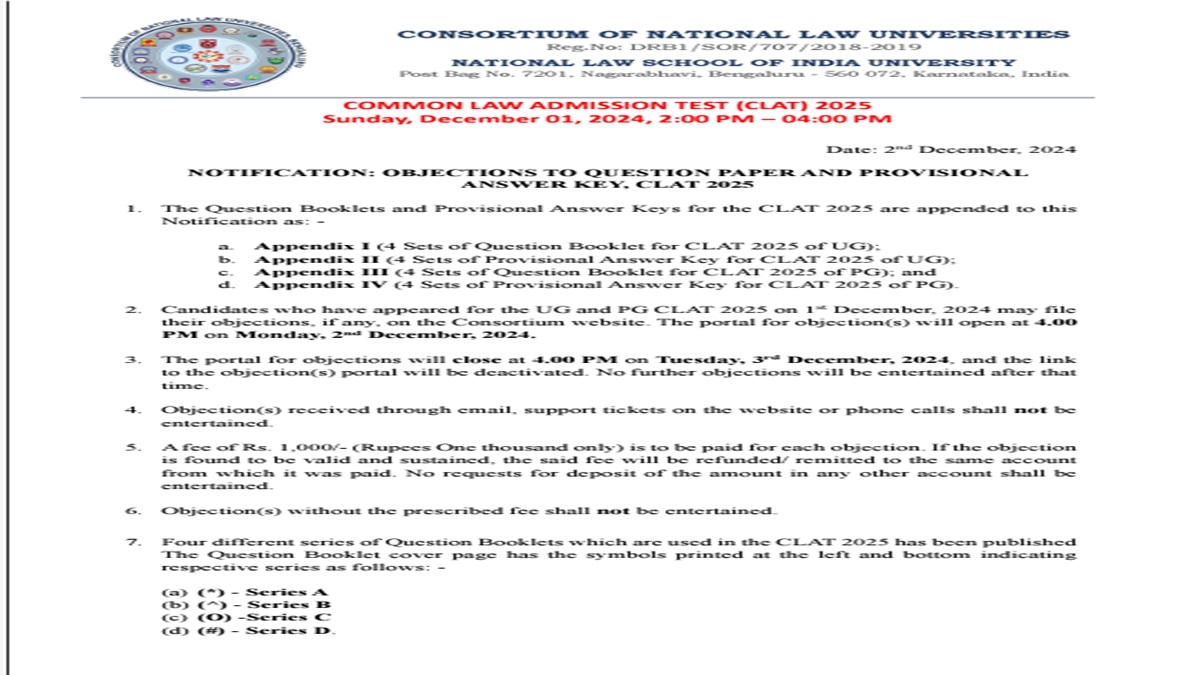 CLAT Answer Key 2025 Live: Provisional Answer Key PDF (OUT) & Objection ...