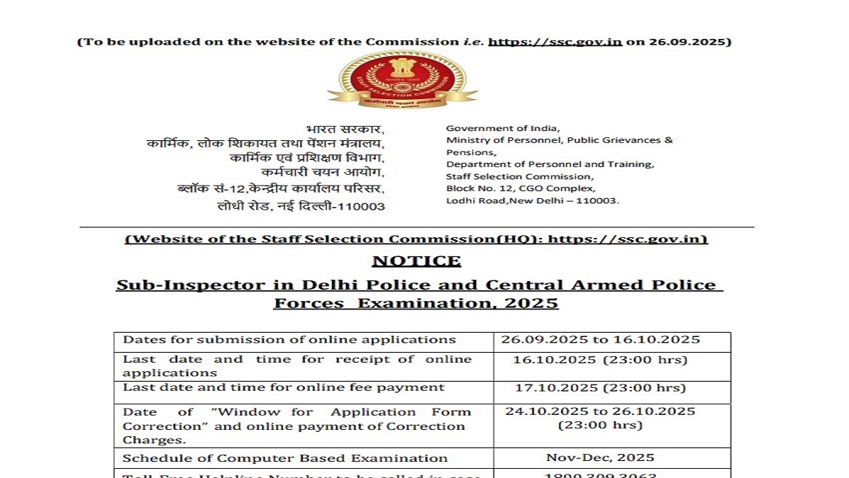 SSC CPO 2025 Notification Released for 3,073 Vacancies; Apply Online Link Activated