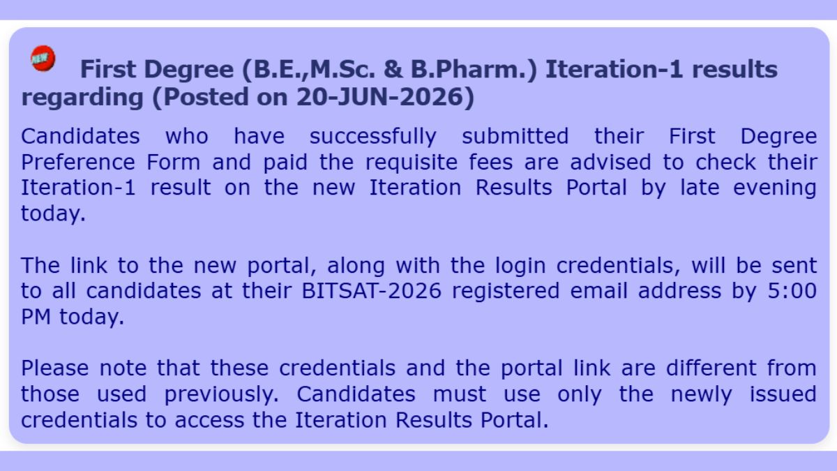 BITSAT Iteration 1 Result 2026 (OUT) Live: Seat Allotment, Cutoff ...